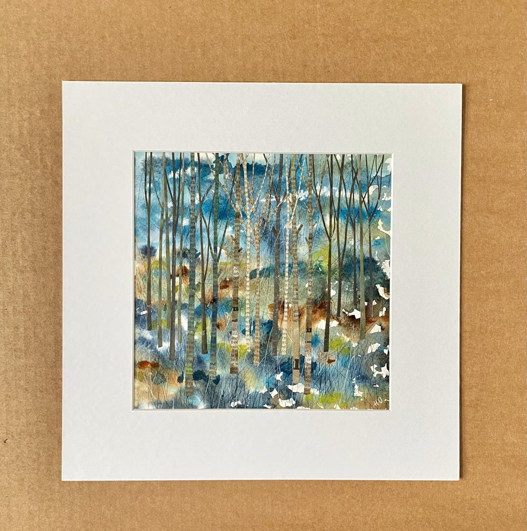 Blue Collage Trees Landscape Painting, Original Earthy Abstract ...