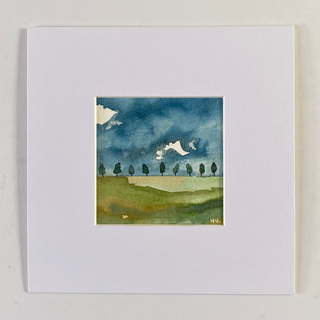 8x8 Original Watercolour Trees Landscape Painting, Small Earthy ...