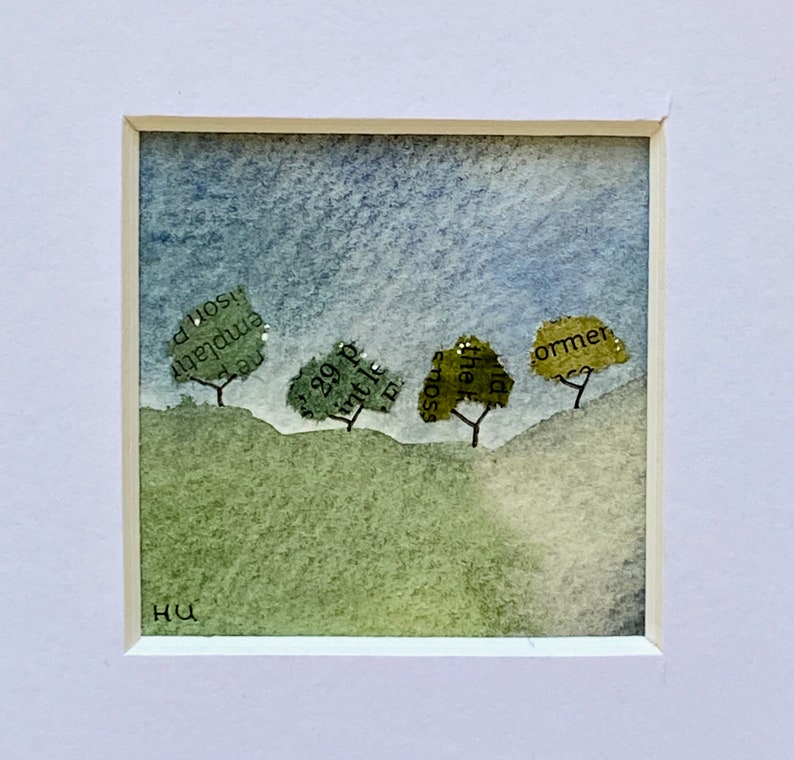 Miniature Collage Trees Landscape Painting, Watercolour and Paper ...