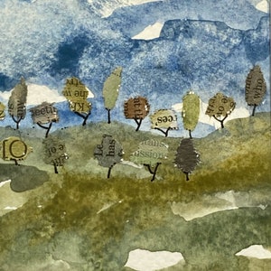 Small Watercolour Trees Landscape Painting, Original Green Collage ...