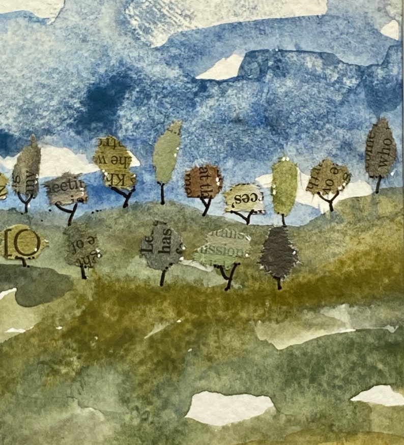 Small Watercolour Trees Landscape Painting, Original Green Collage ...