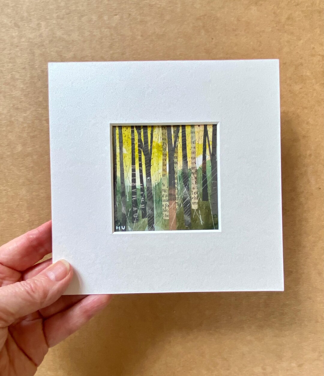 Original Collage Trees Painting, Small Countryside Wall Decor ...