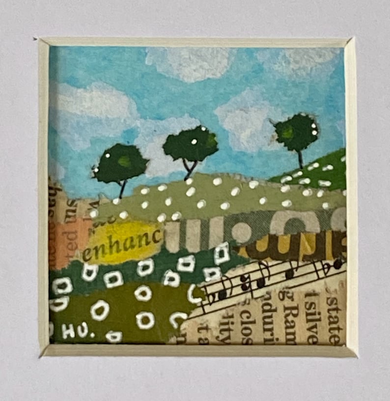 Miniature Collage Trees Landscape Painting, Unique Tiny Countryside ...