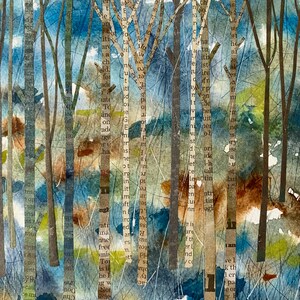 Blue Collage Trees Landscape Painting, Original Earthy Abstract ...