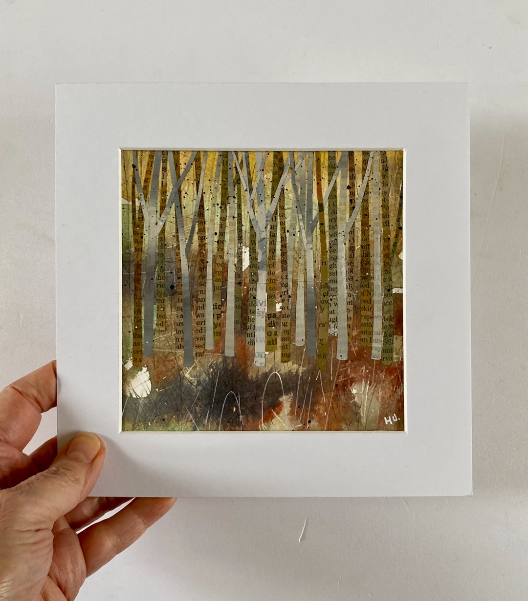 Original Earthy Paper Collage Trees Painting, Small Watercolour ...