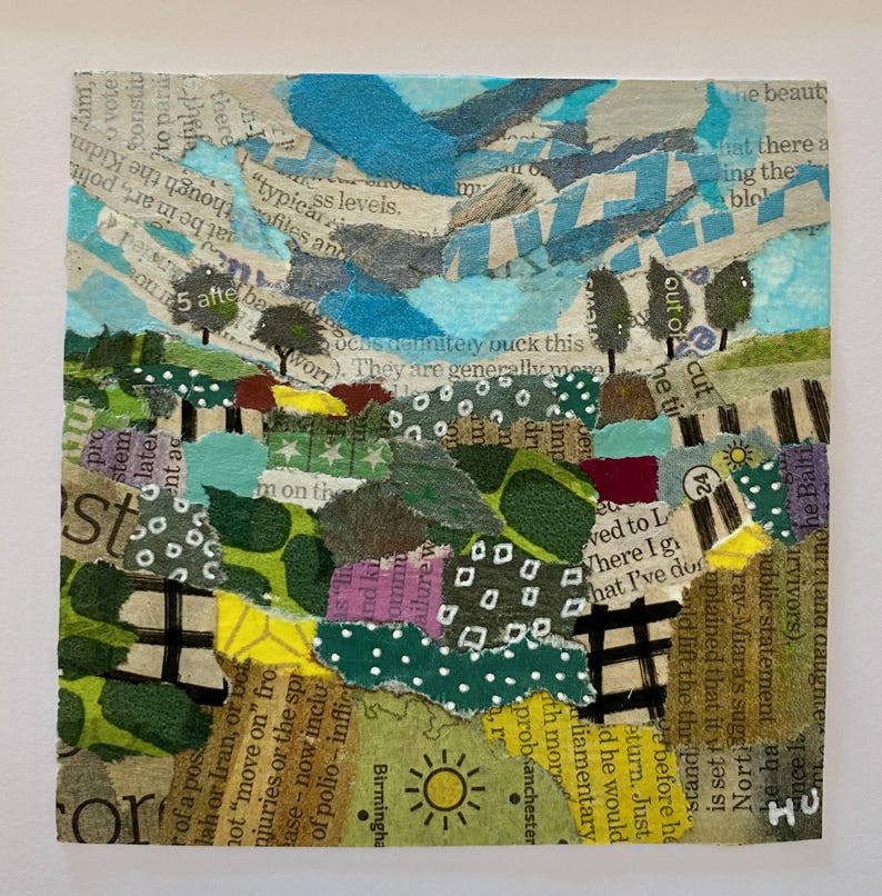 Collage Abstract Landscape Painting, Small Original Paper Collage ...