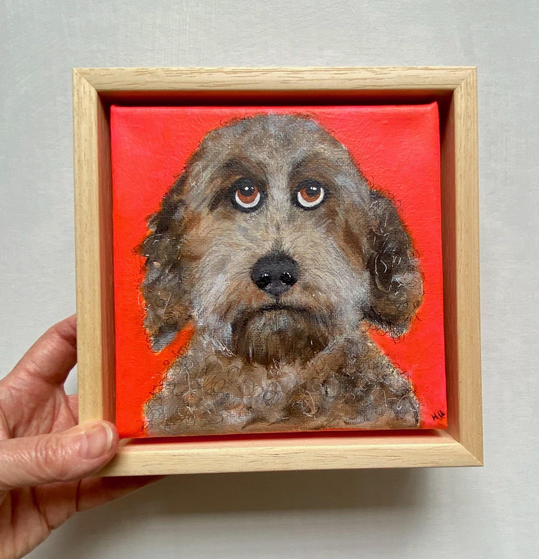 Original Framed Labradoodle Portrait Painting, Small Scruffy Dog Wall ...