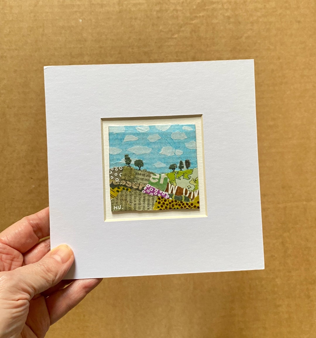 Small Original Paper Collage Landscape Wall Art, 6"x6" Colourful ...