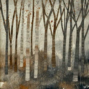 Earthy Paper Collage Trees Landscape Painting, Small Original Woodlands ...