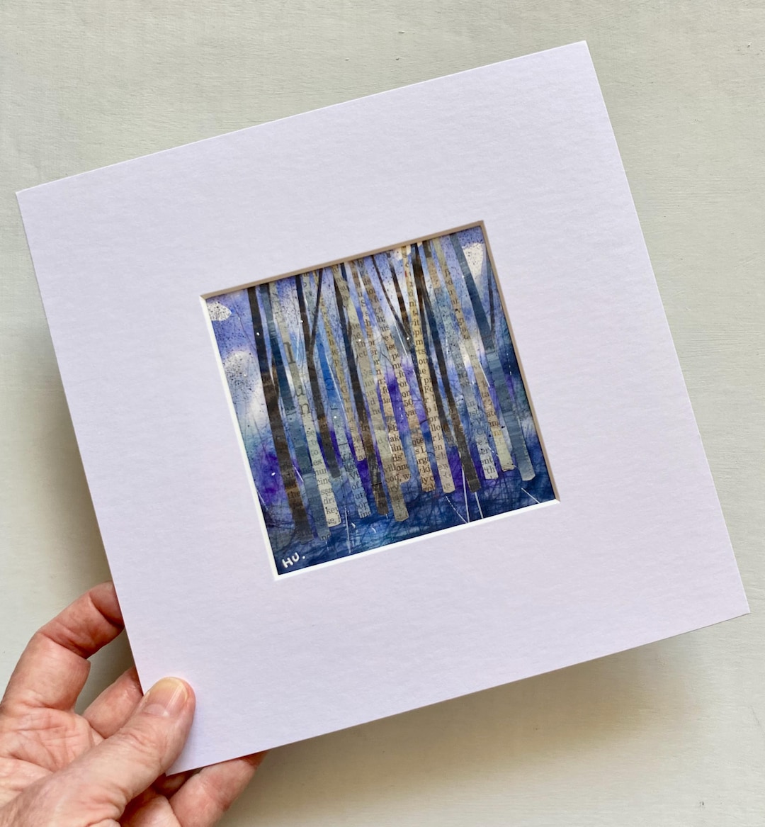 Small Paper Collage Trees Painting, Nature Inspired Blue Wall Art ...
