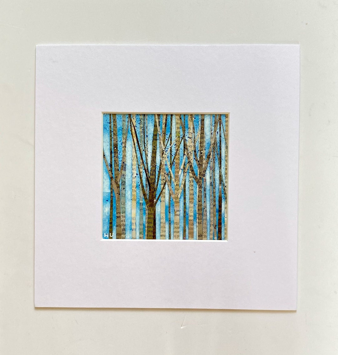 Small Paper Collage Trees Painting, Original Blue Wall Decor, Mixed ...