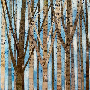 Original Blue Paper Collage Trees Wall Art, Unique Small Abstract Trees ...