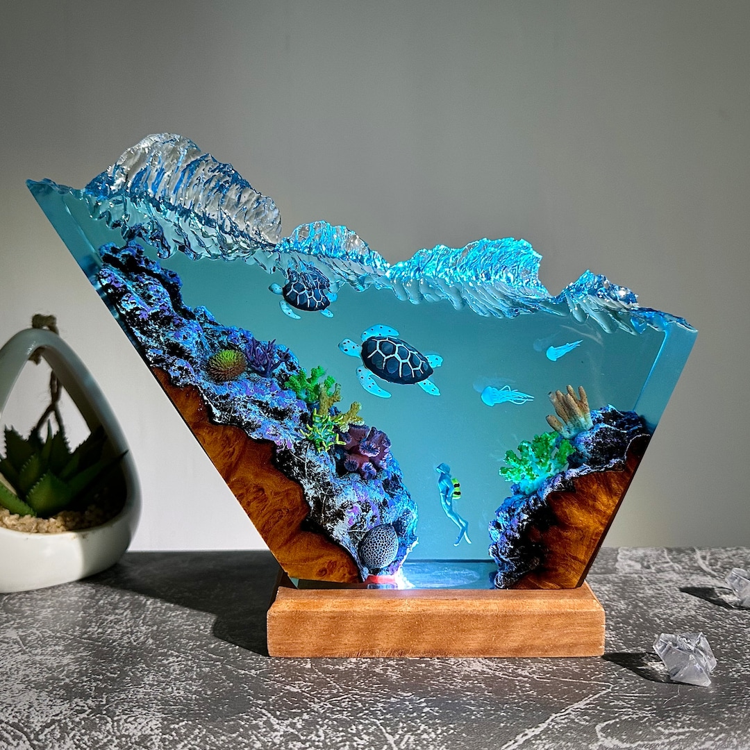 Two Turtles and Scuba Diver Resin Lamp, Table Decor Lamp, Ocean Resin ...
