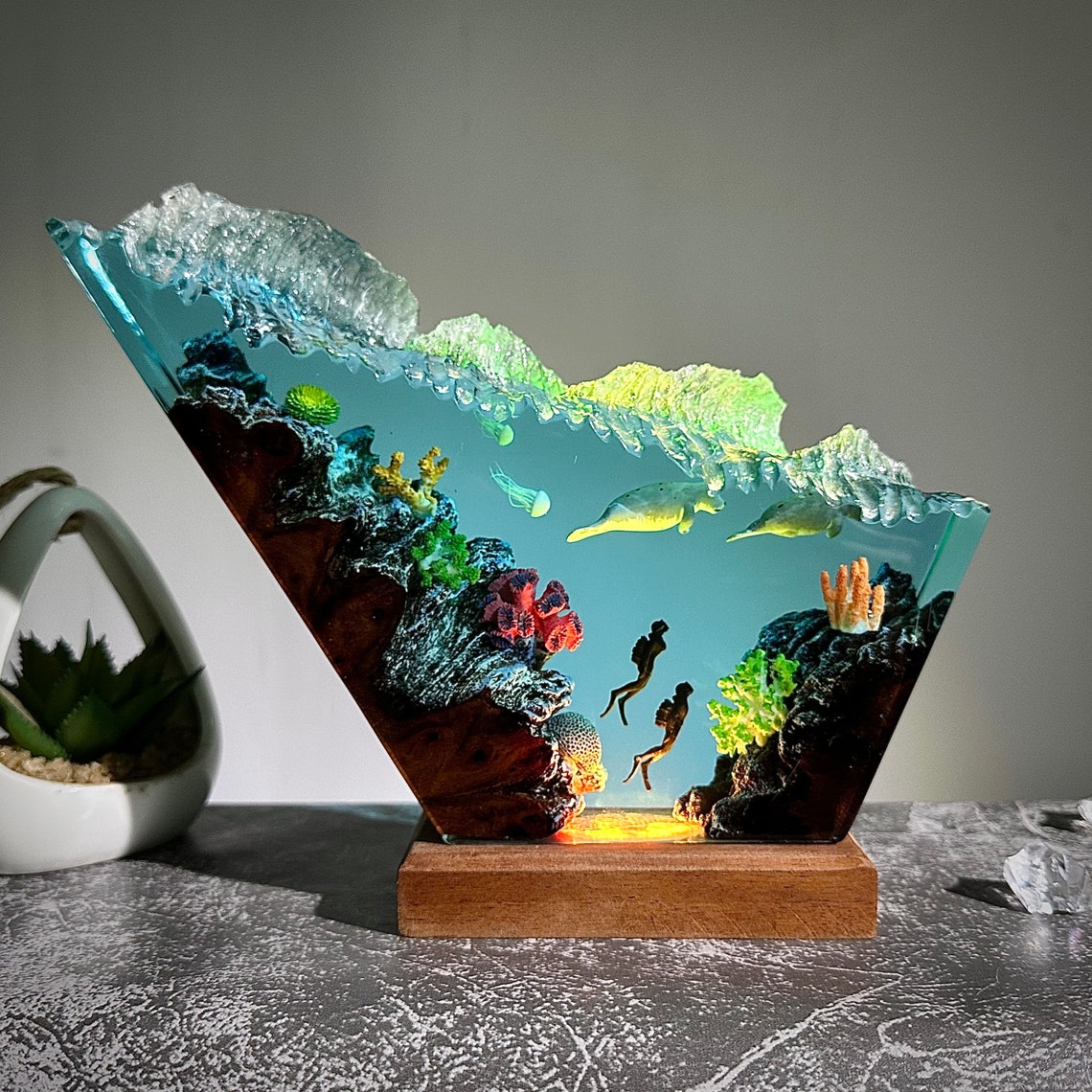 Manatees and Scuba Diver Resin Lamp, Ocean Resin Epoxy, Custom Night ...
