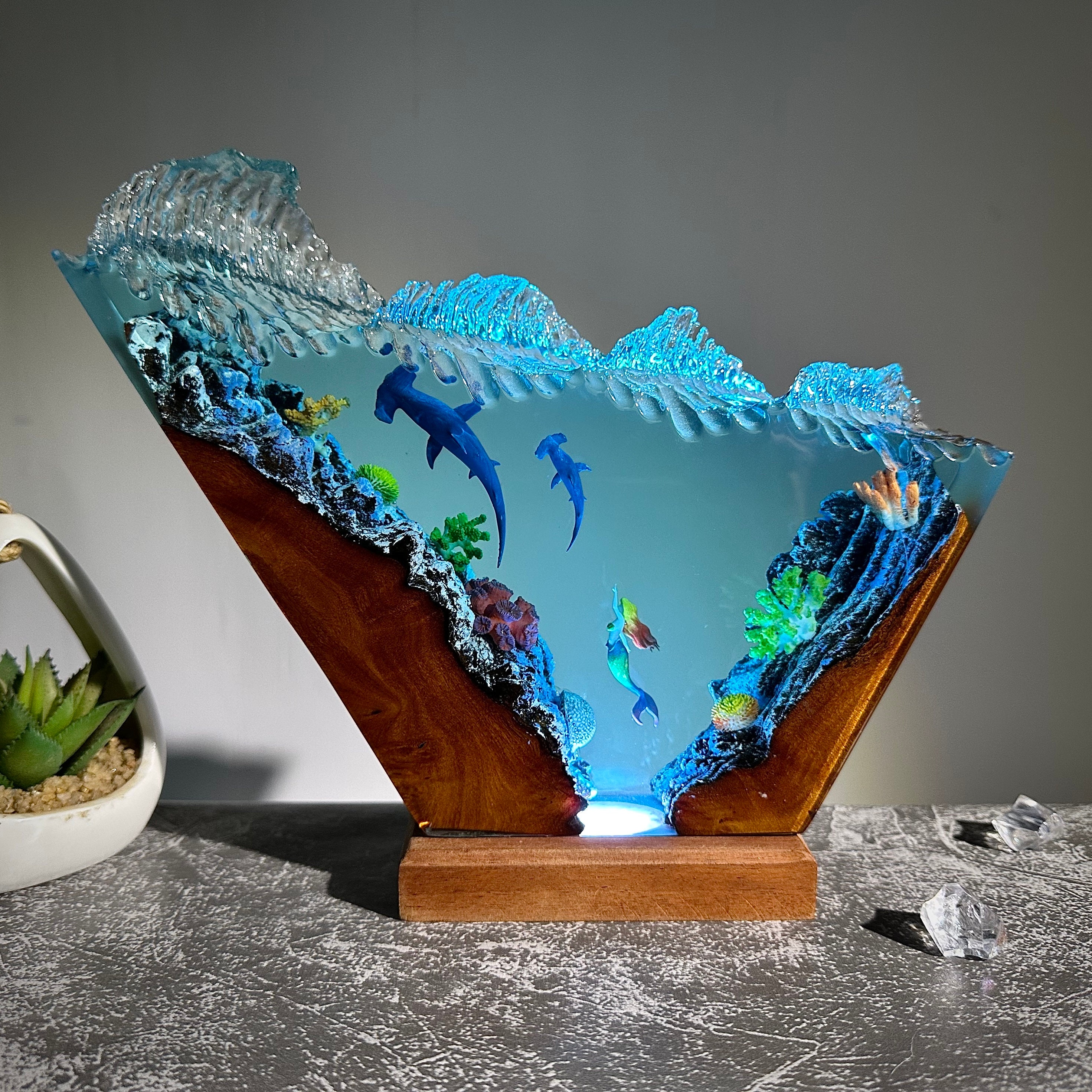 Hammerhead Sharks and Mermaid Resin Lamp, Table Decor Lamp, Ocean Resin ...