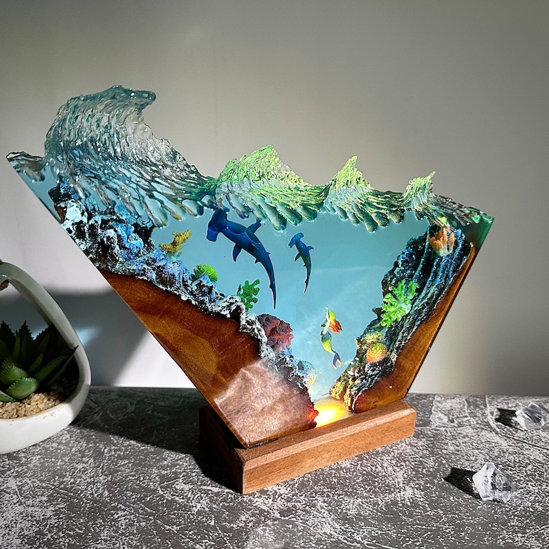 Hammerhead Sharks and Mermaid Resin Lamp, Table Decor Lamp, Ocean Resin ...