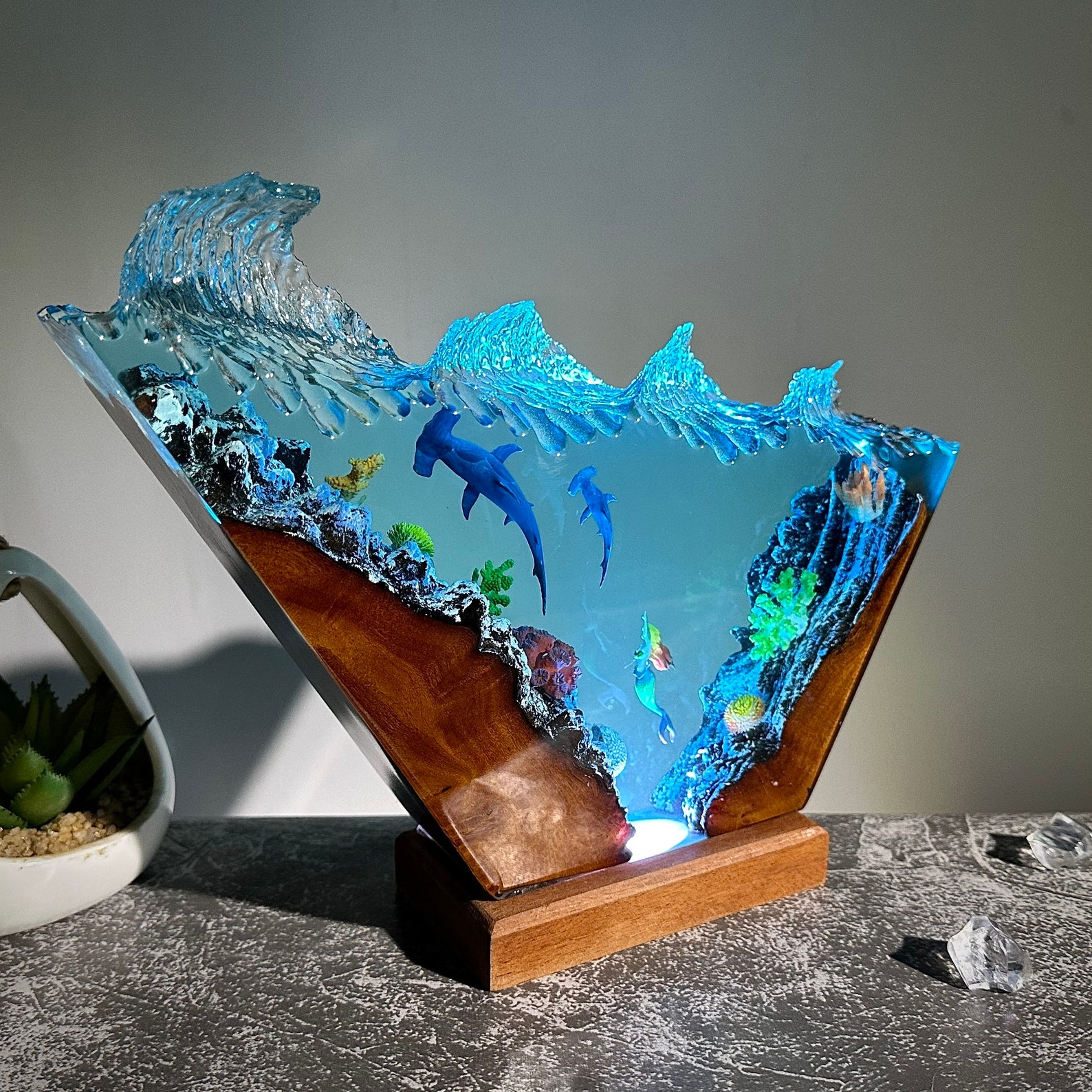 Hammerhead Sharks and Mermaid Resin Lamp, Table Decor Lamp, Ocean Resin ...