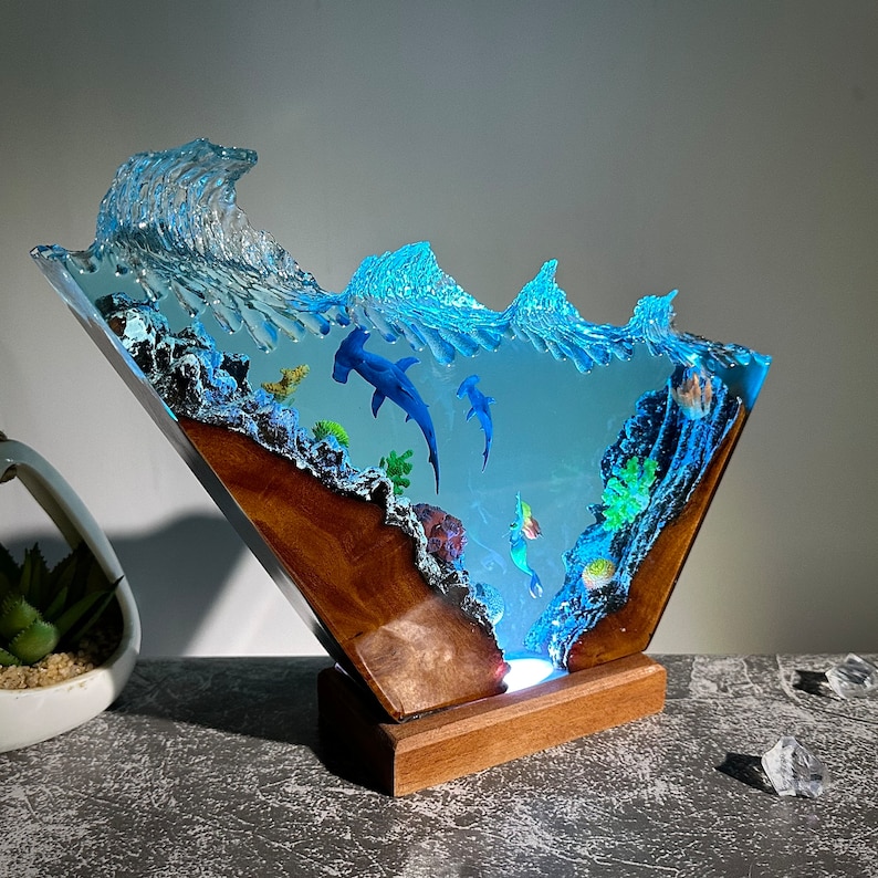 Hammerhead Sharks and Mermaid Resin Lamp, Table Decor Lamp, Ocean Resin ...
