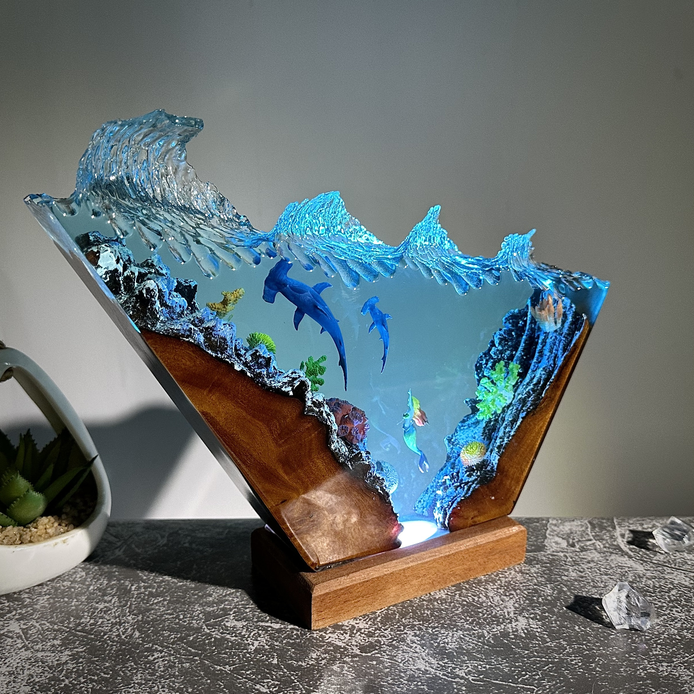 Hammerhead Sharks and Mermaid Resin Lamp, Table Decor Lamp, Ocean Resin ...