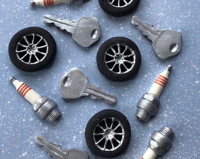 12 Car Tyres, Keys and Spark Plugs Mechanic Edible Sugar Paste Cake ...