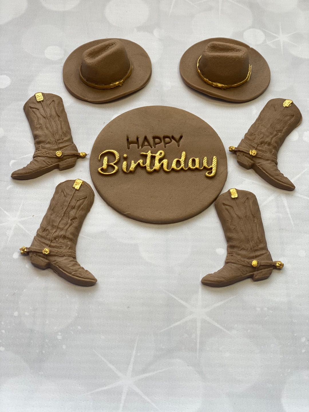 6 Happy Birthday Cowboy Boots and Hat Theme Edible Sugar Paste Cake ...