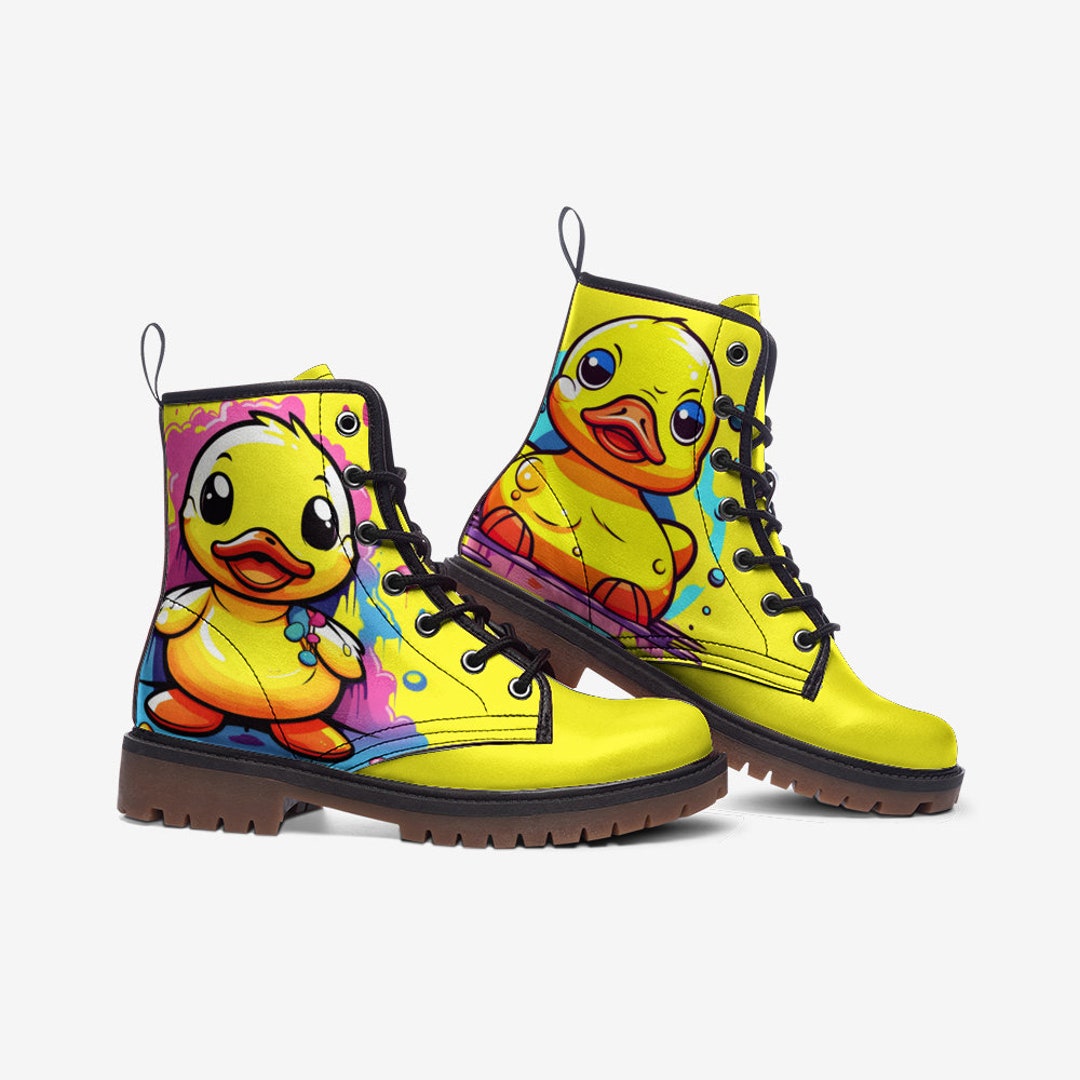 Kawaii Rubber Ducky Vegan Leather Combat Boots, Cute Rubber Duck Casual ...
