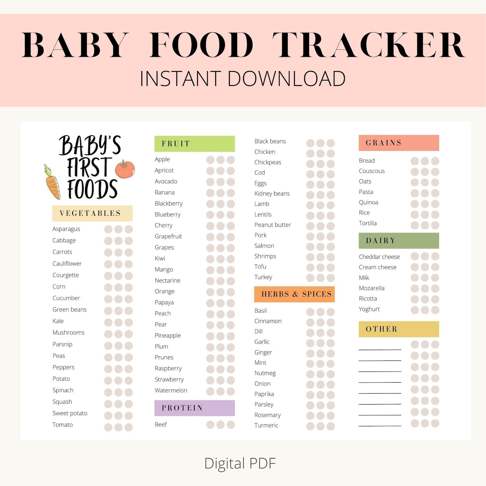 Baby Food Tracker, Baby's First Food Checklist, Baby Food Log, Solids ...