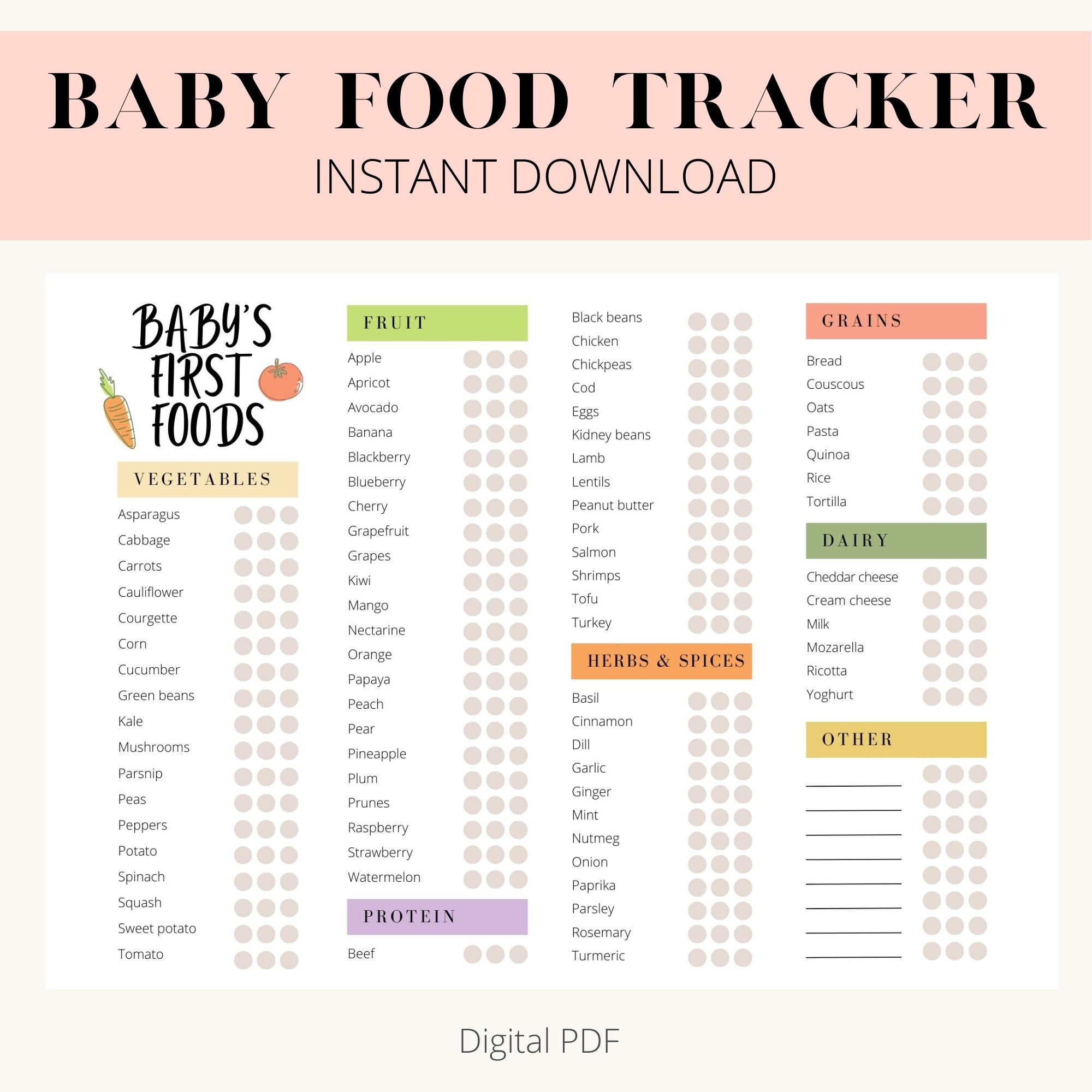 Baby Food Tracker, Baby's First Food Checklist, Baby Food Log, Solids ...