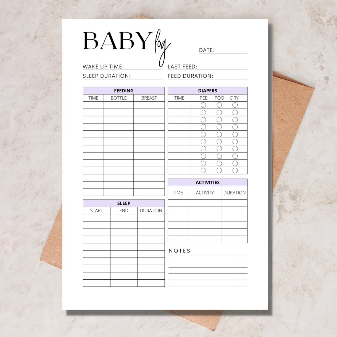 Baby Tracker, One Page Printable Baby Log, Daily Baby Log, Babysitter ...