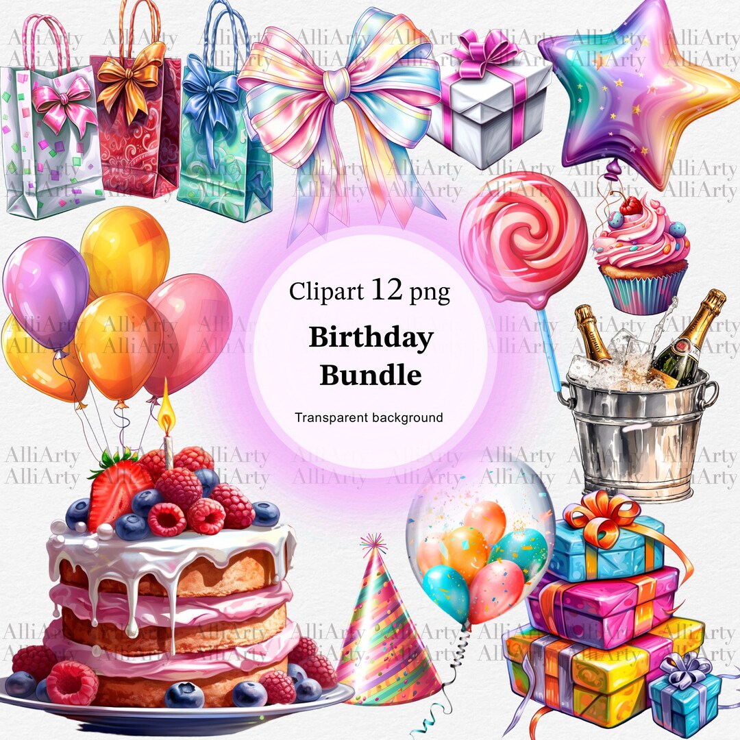 Watercolor Birthday Clipart, 12 PNG File, Instant Download Birthday ...