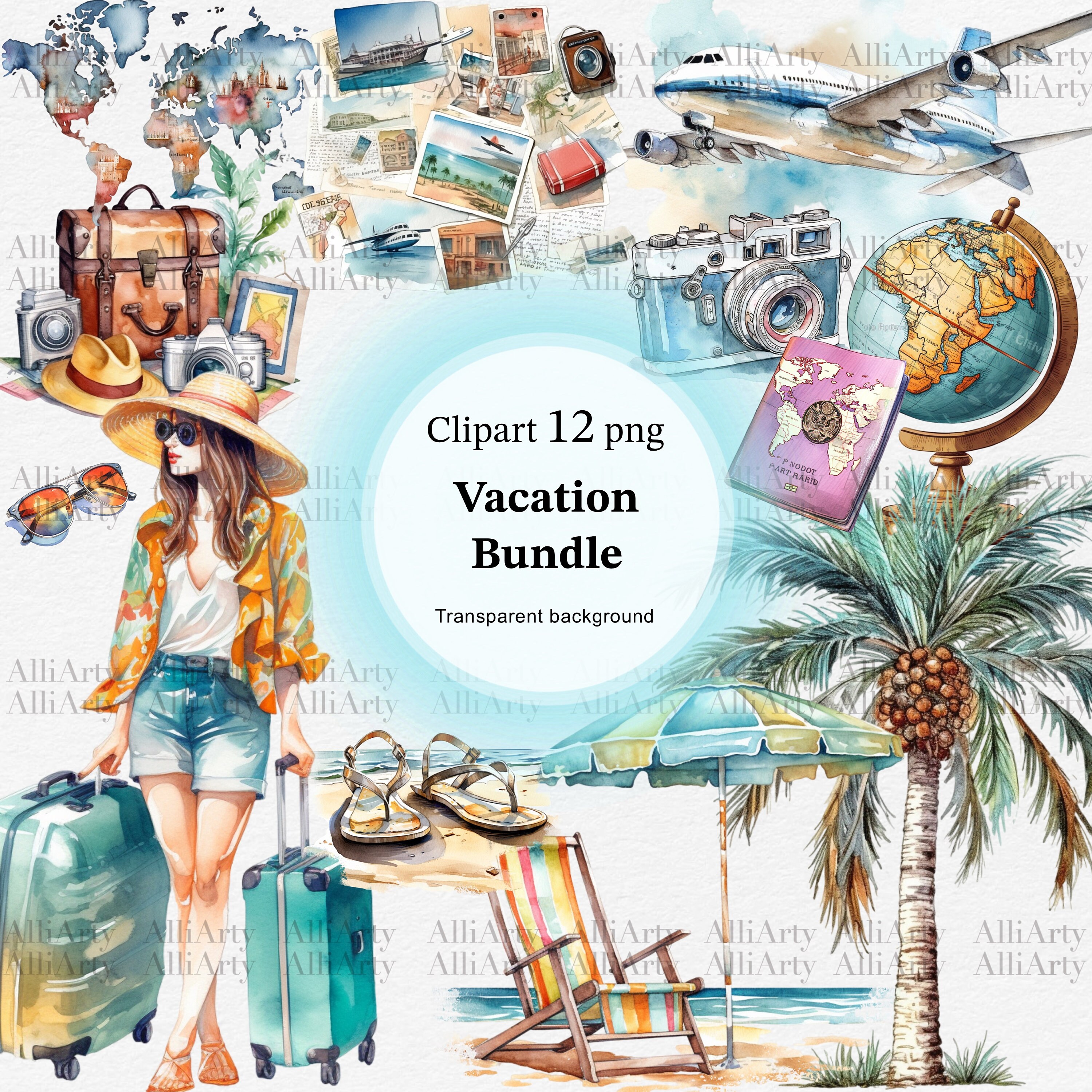 Watercolor Vacation Clipart, 12 PNG Files, Instant Download Summer Rest ...