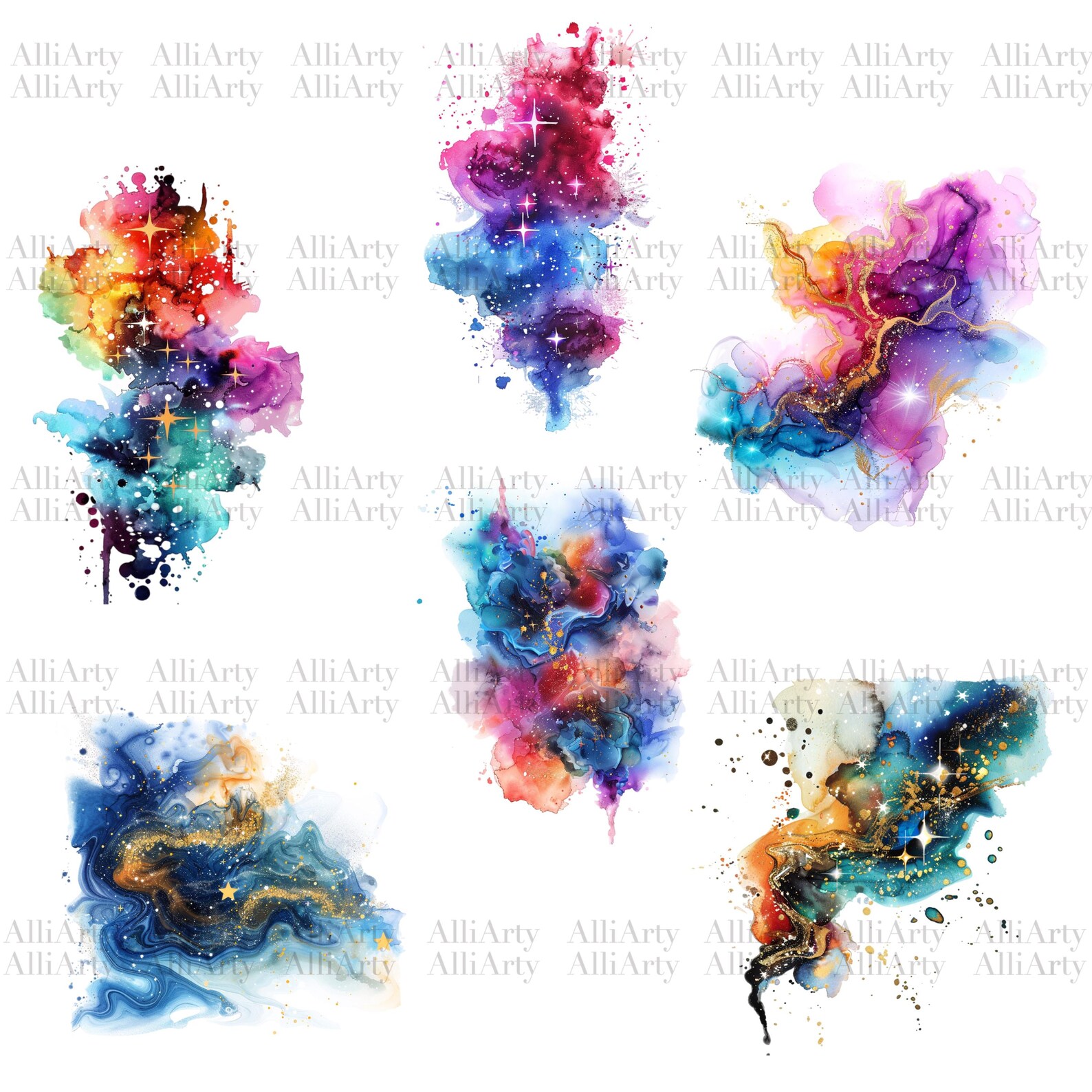 Watercolor Shiny Splash Alcohol Clipart, 24 PNG Files, Instant Download ...