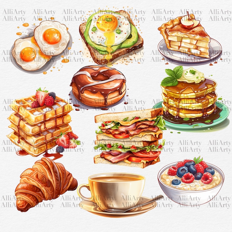 Watercolor Breakfast Clipart, 12 PNG Designs, Instant Download Morning ...