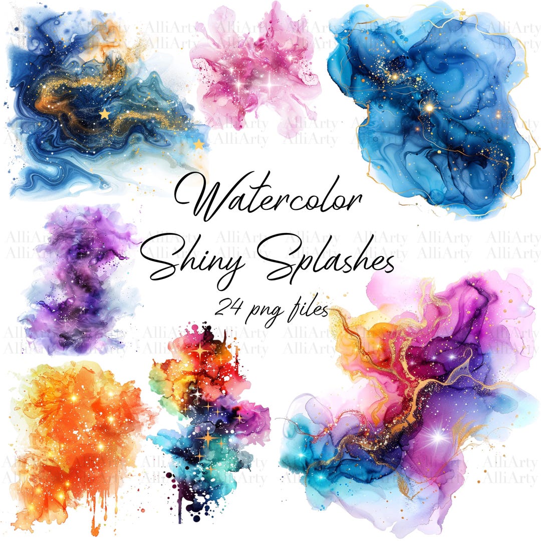 Watercolor Shiny Splash Alcohol Clipart, 24 PNG Files, Instant Download ...