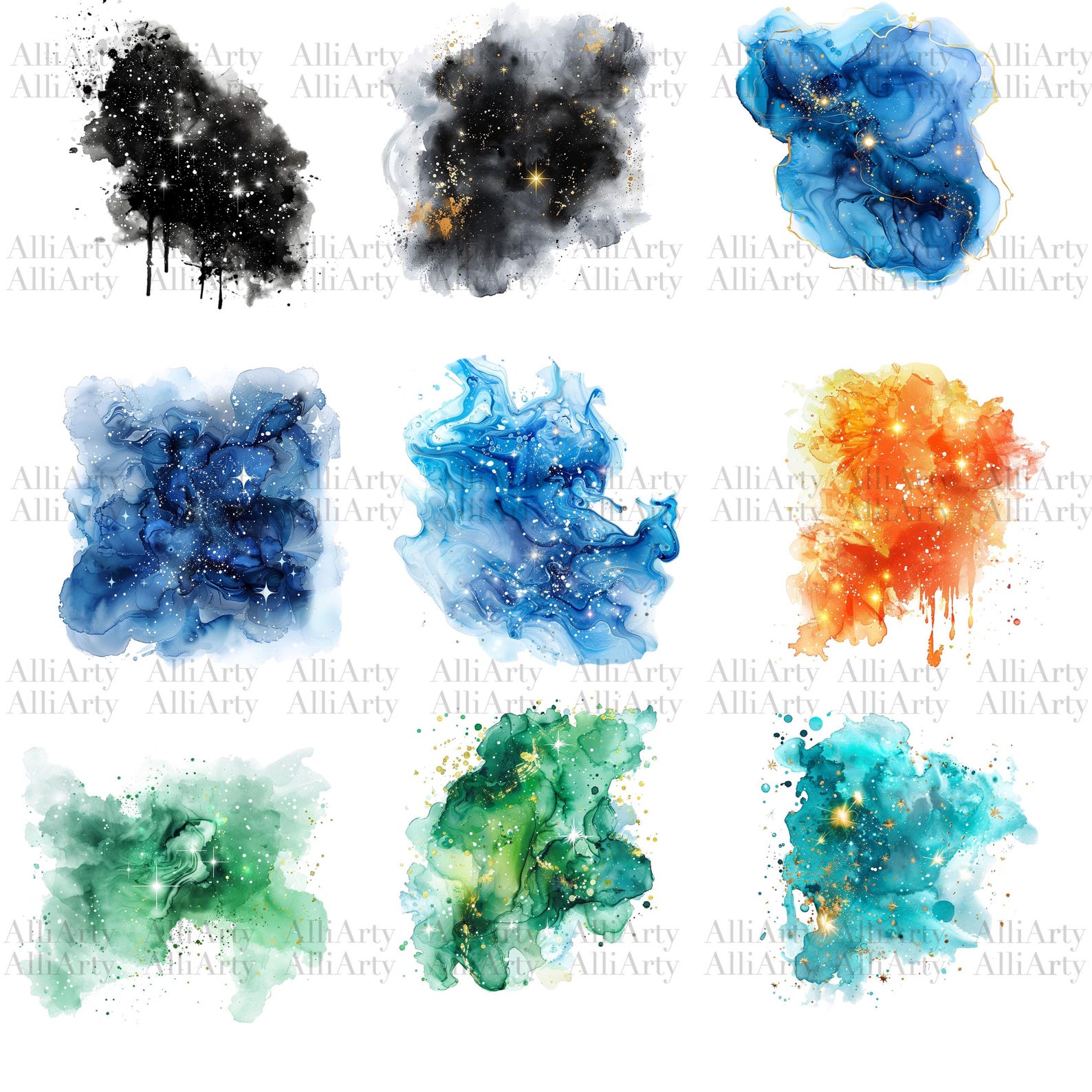 Watercolor Shiny Splash Alcohol Clipart, 24 PNG Files, Instant Download ...