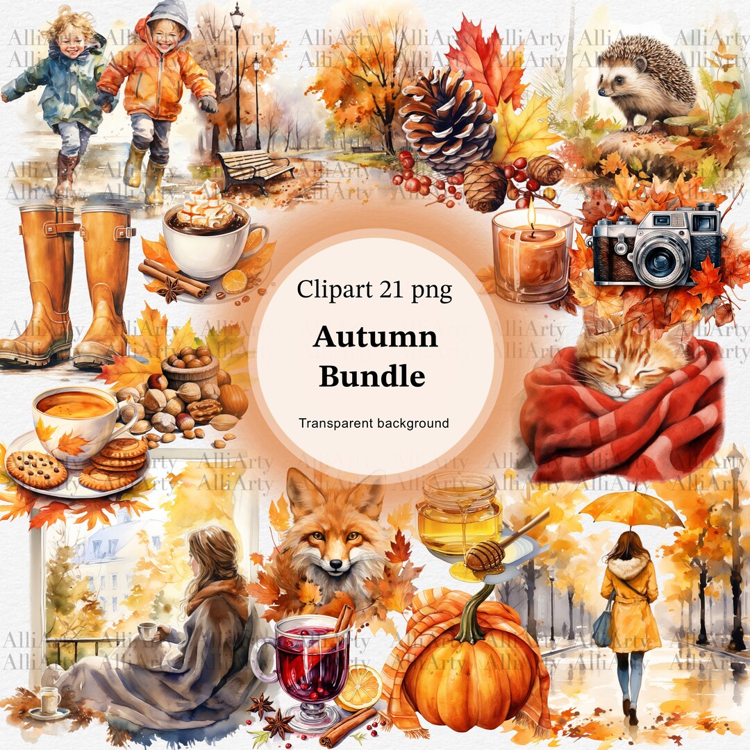 Watercolor Autumn Clipart Bundle, Cozy Fall Designs (21 PNG Files ...