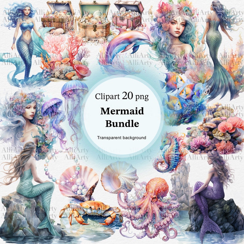Watercolor Mermaid Clipart 20 PNG Files Instant Download - Etsy