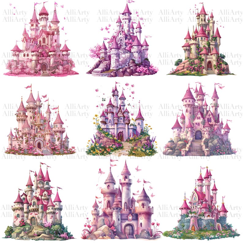 Watercolor Pink Fairytale Castle Clipart, 17 PNG File, Instant Download ...