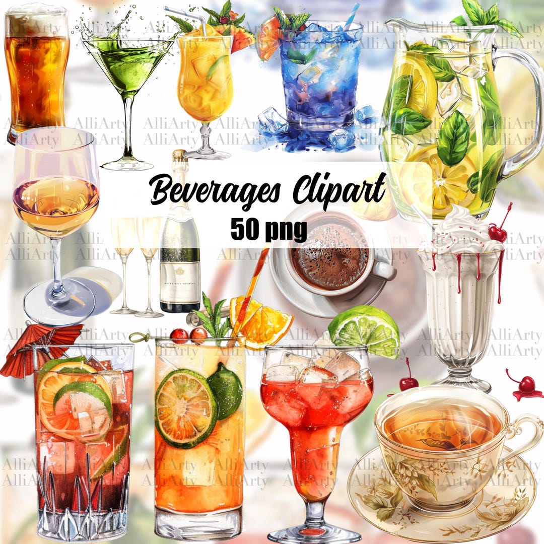 Watercolor Beverages Clipart, 50 PNG Designs, Instant Download Cocktail ...