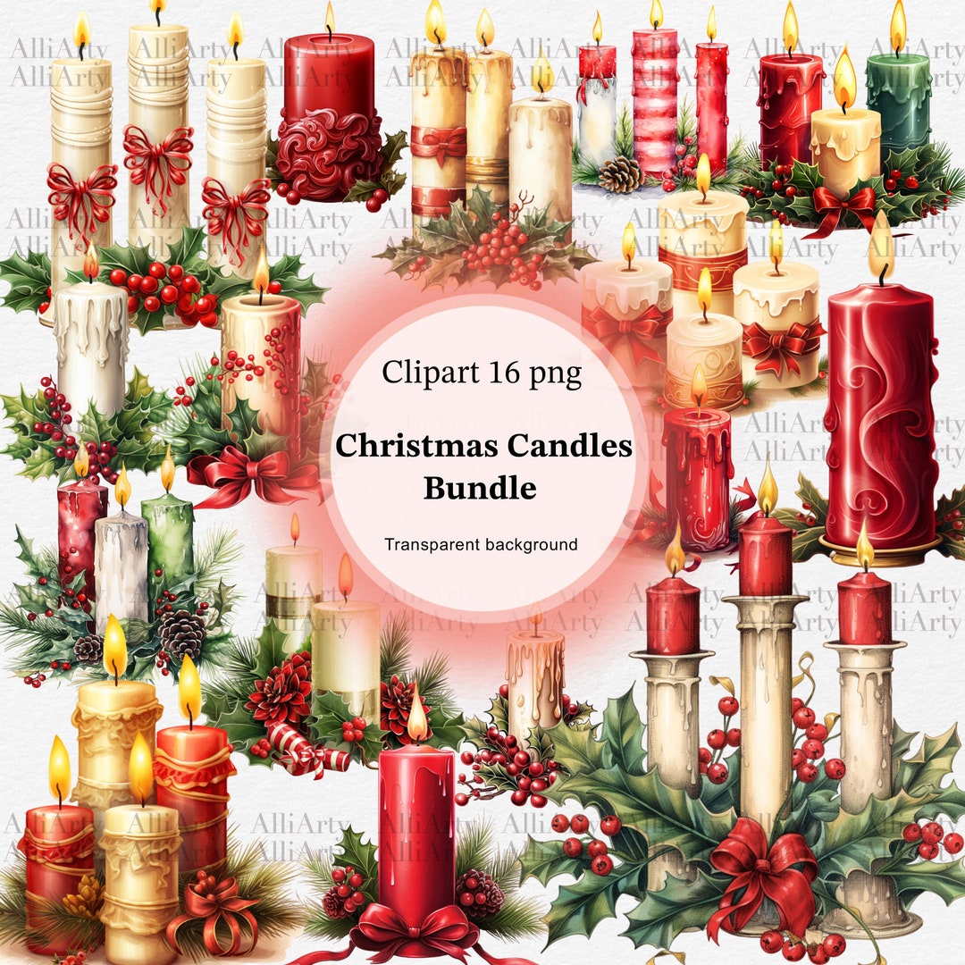 Christmas Candles Bundle 16 PNG, Digital Holiday Candle Clipart ...