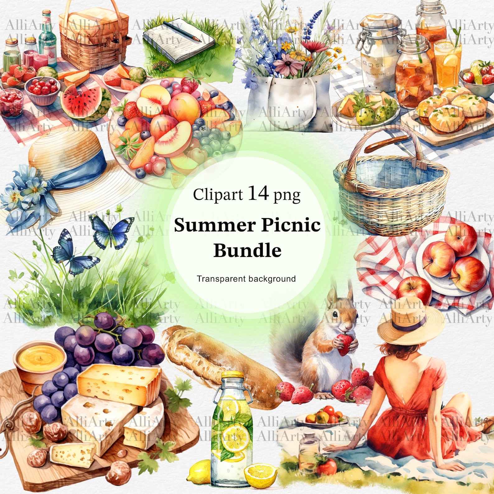 Watercolor Picnic Clipart, 14 PNG Files, Instant Download Summer Rest ...