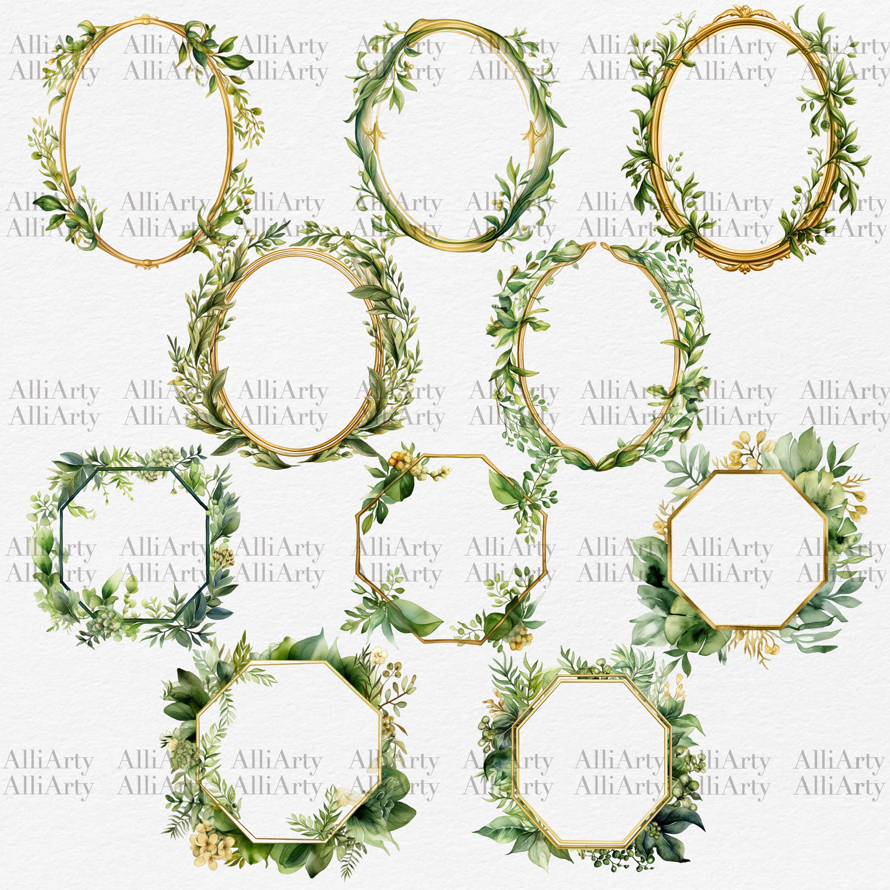 Watercolor Greenery Frames Borders Clipart, 40 PNG Files, Instant ...
