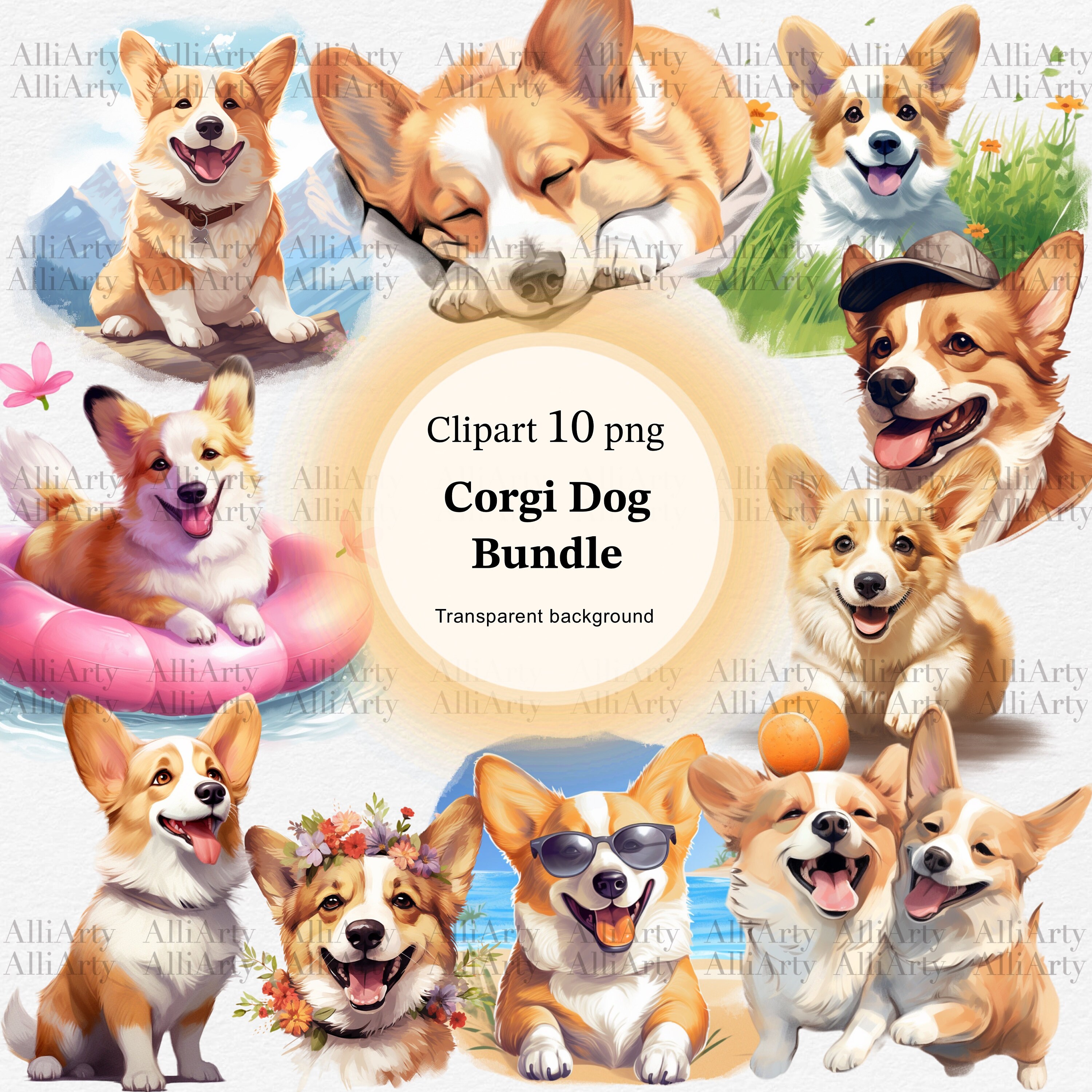 Watercolor Summer Corgi Clipart, 10 PNG Files, Instant Download Resting ...