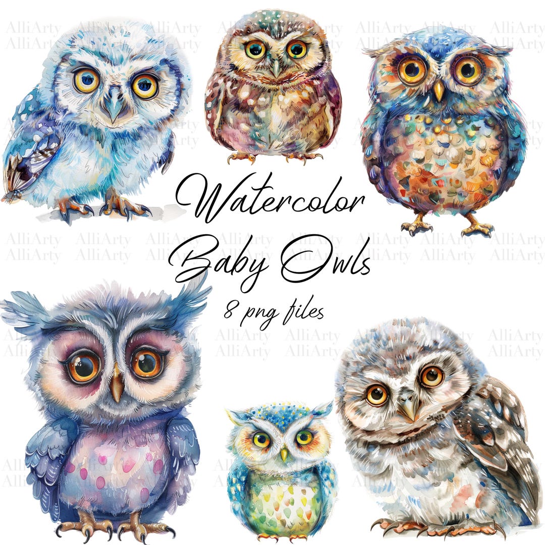 Watercolor Baby Owl Clipart, 8 PNG Files, Instant Download Cute Cartoon ...