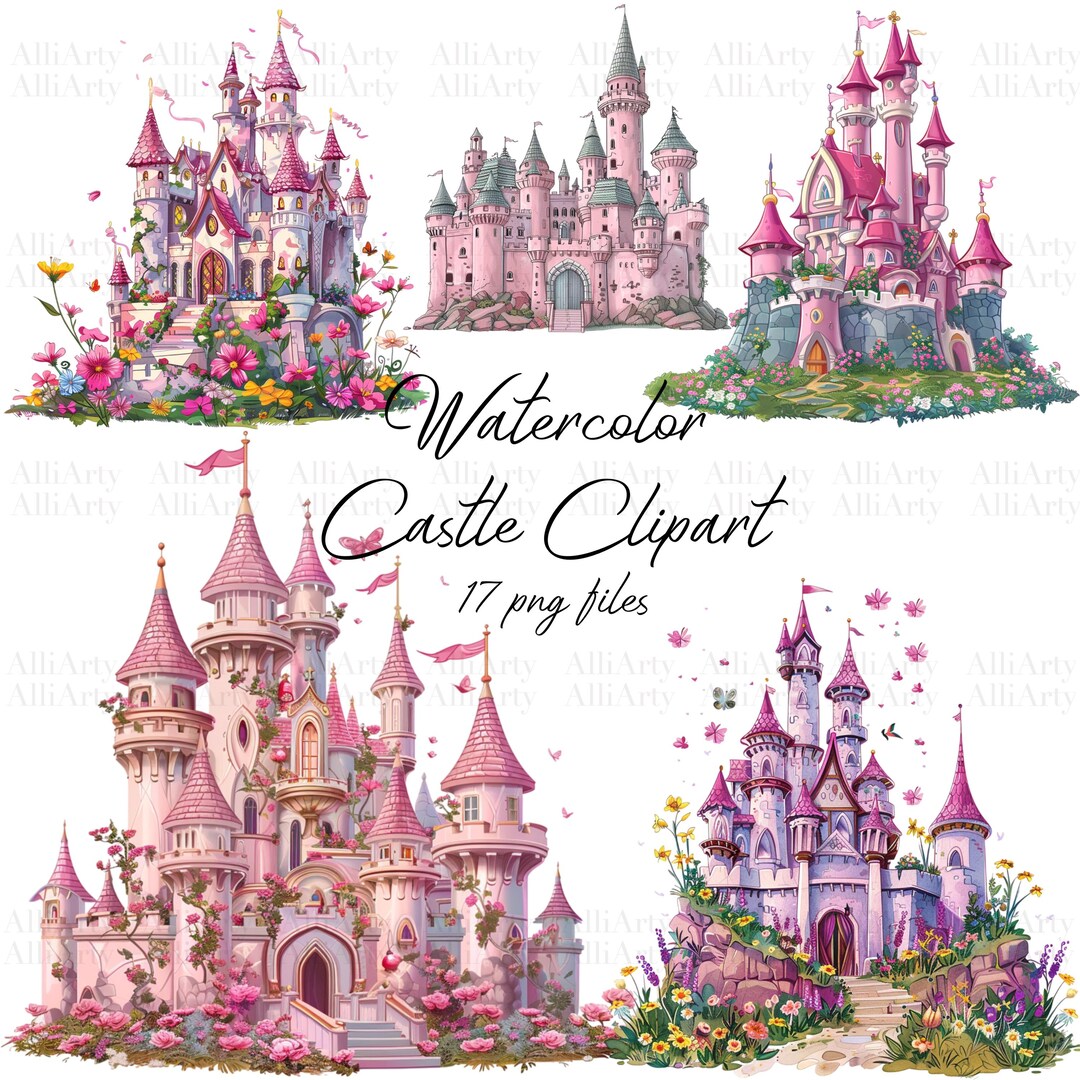 Watercolor Pink Fairytale Castle Clipart, 17 PNG File, Instant Download ...