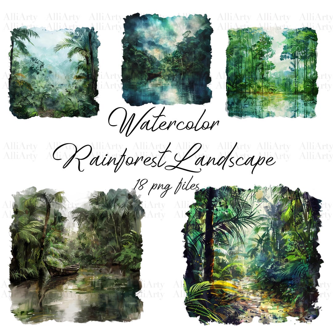 Watercolor Amazon Rainforest Landscape Clipart, 18 PNG Files, Instant ...