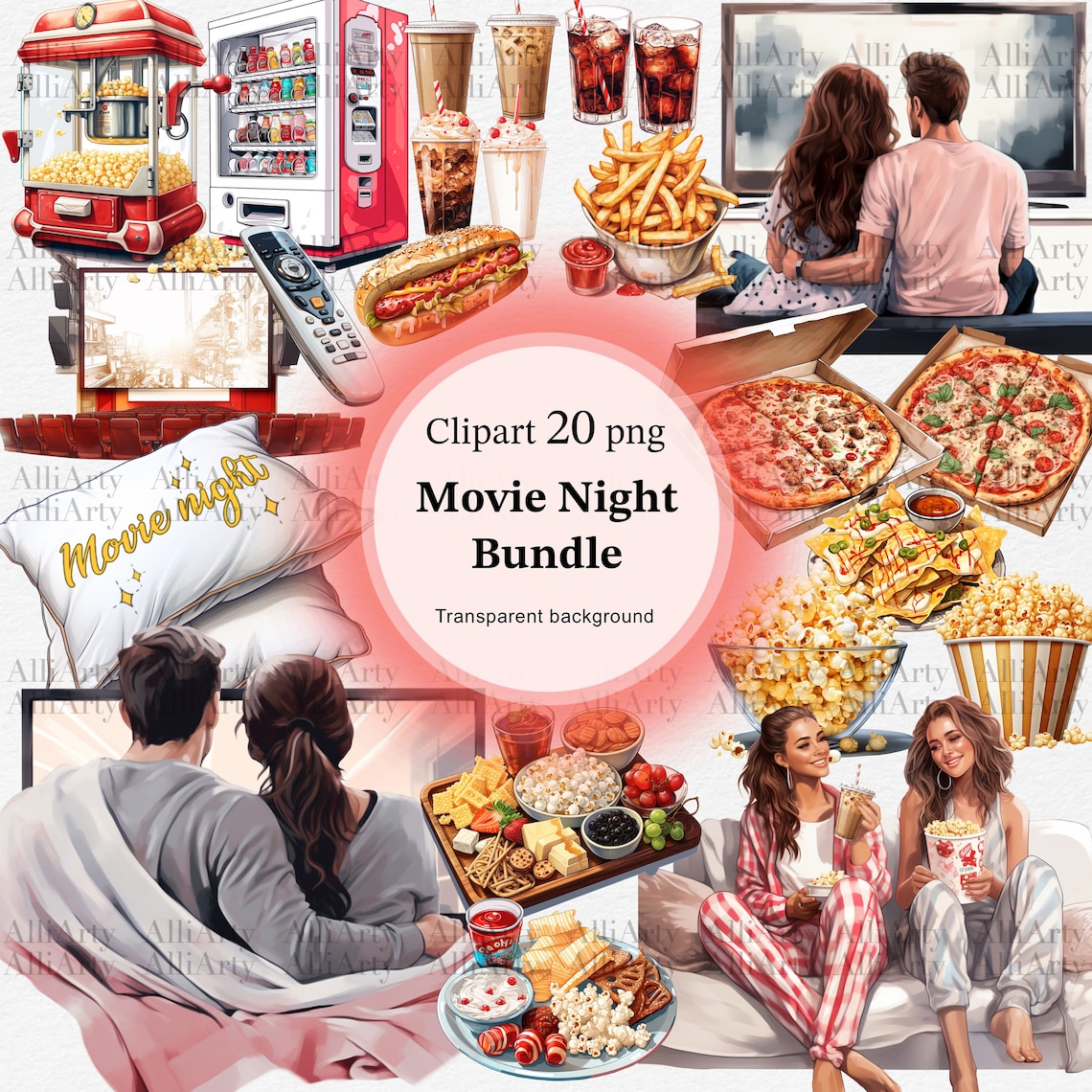 Watercolor Movie Night Clipart, 20 PNG Files, Instant Download Fast ...