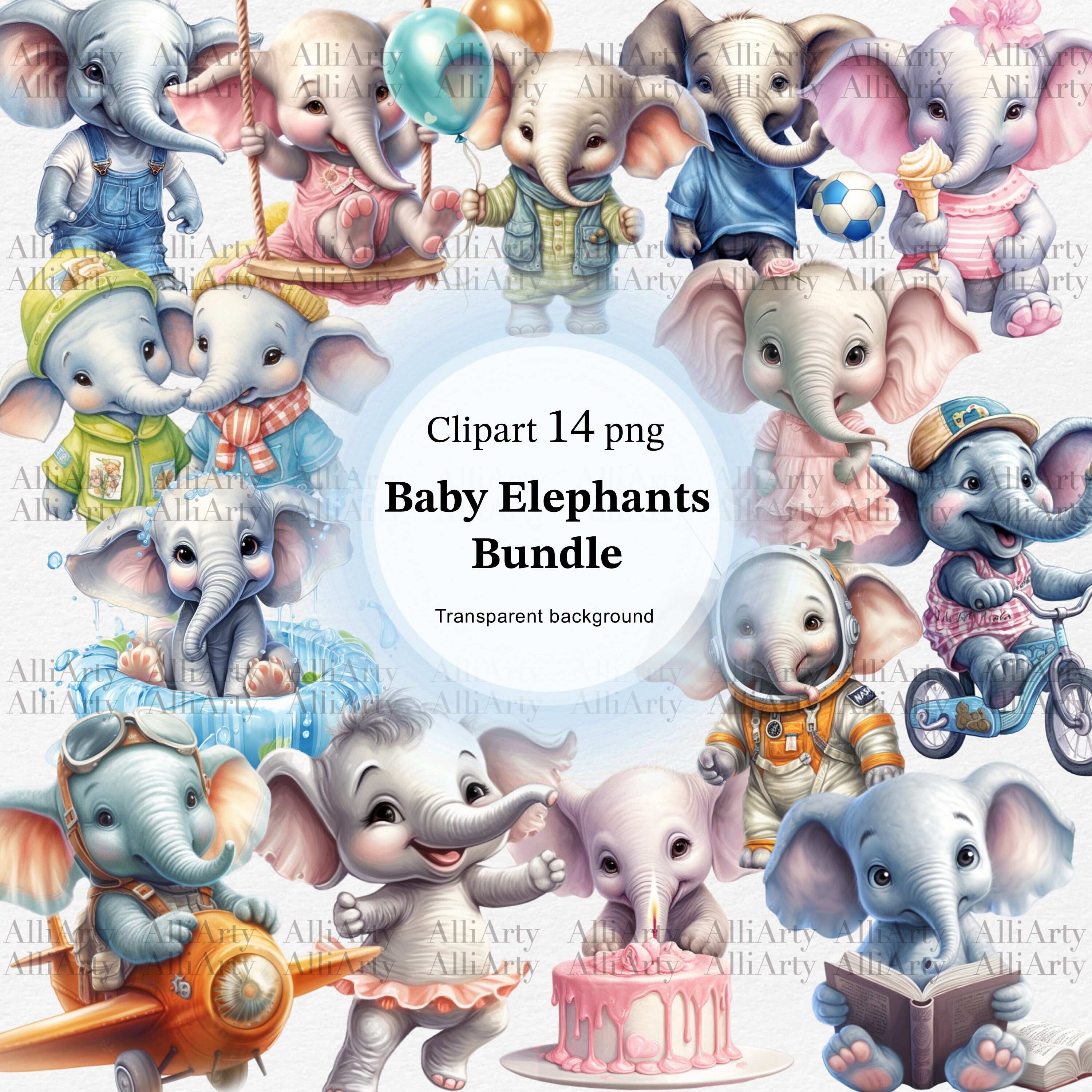 Watercolor Baby Elephant Clipart, 14 PNG Files, Instant Download Cute ...