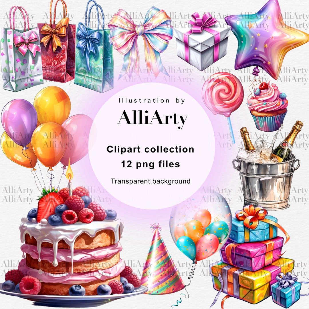 Watercolor Birthday Clipart 12 PNG File Instant Download - Etsy