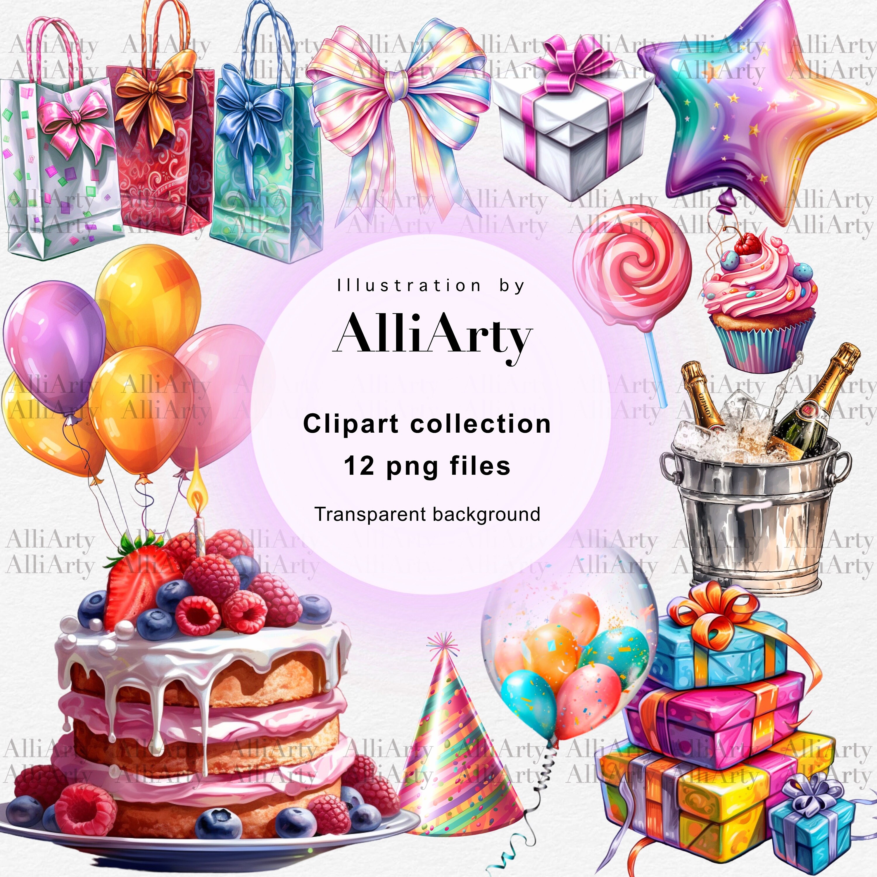 Watercolor Birthday Clipart 12 PNG File Instant Download - Etsy